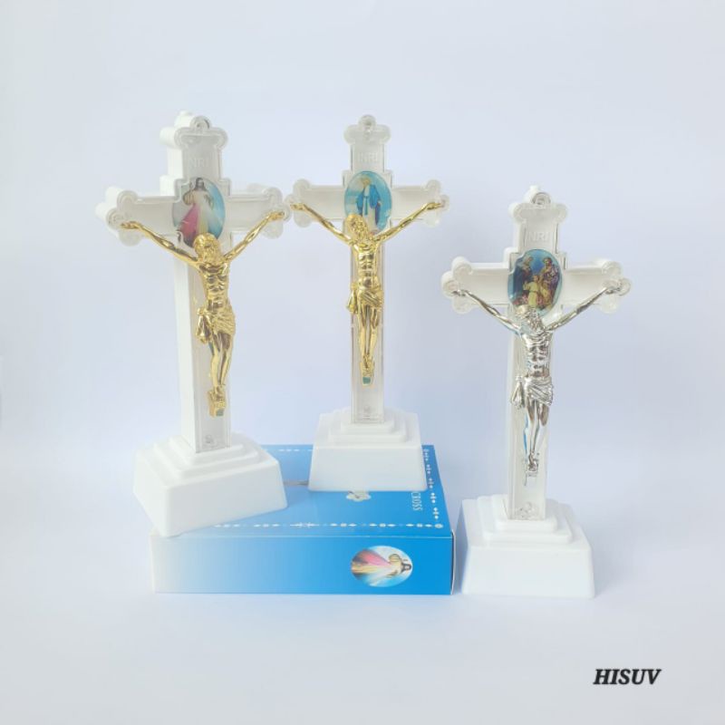 Jual Salib duduk led putih tengah gambar Yesus / Maria / Keluarga Kudus ...