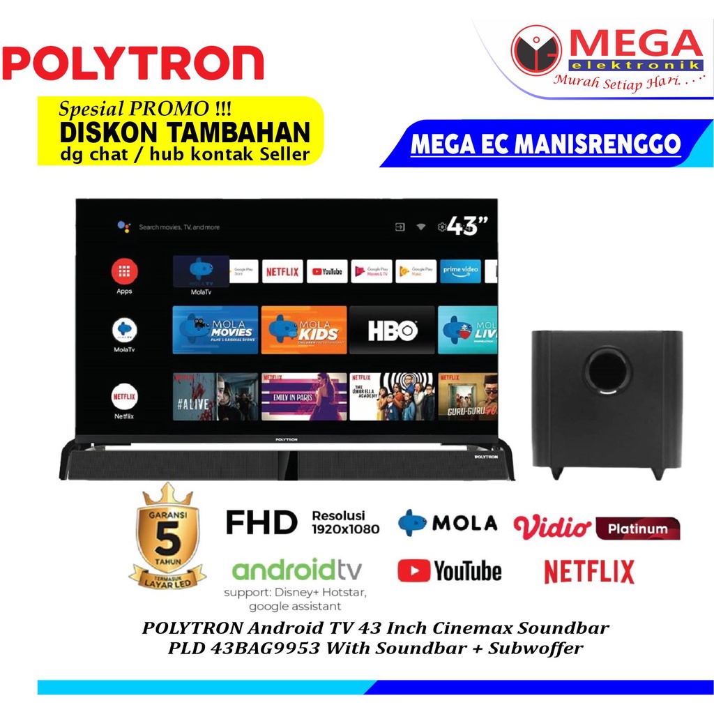 Jual POLYTRON SMART ANDROID TV PLD 43BAG9953 CINEMAX SOUNDBAR 43 INCH ...