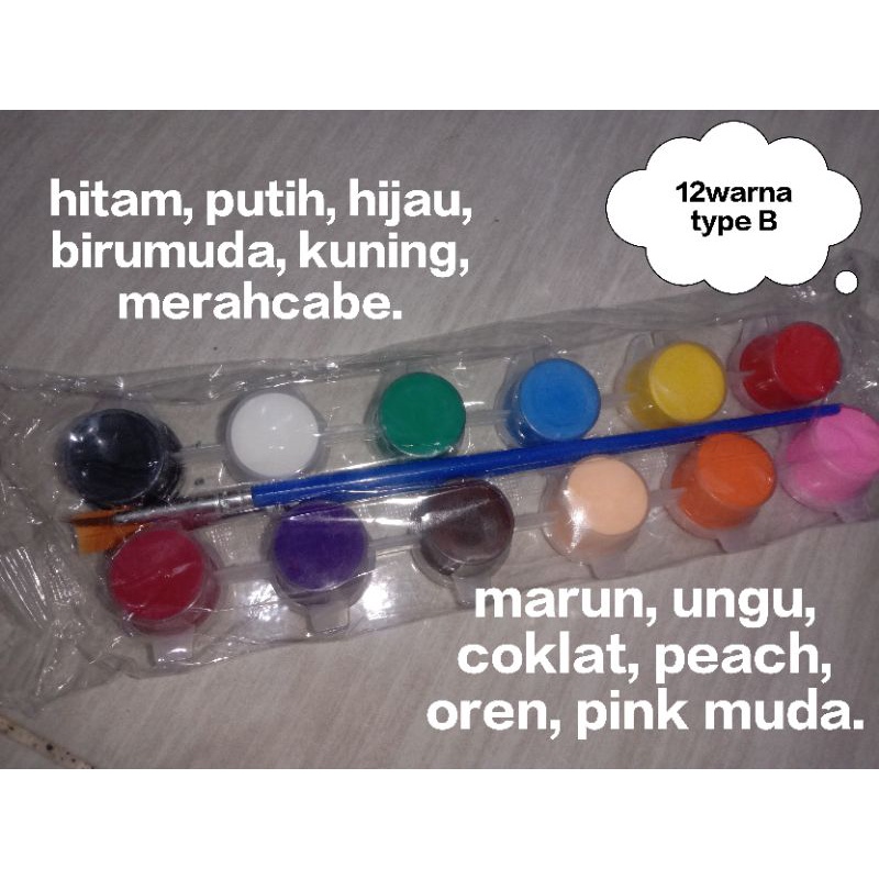 Jual Cat Acrylic Pot @3ml 12 Warna 2 Kuas 1 Palet / Set Kuas Lukis Flat ...