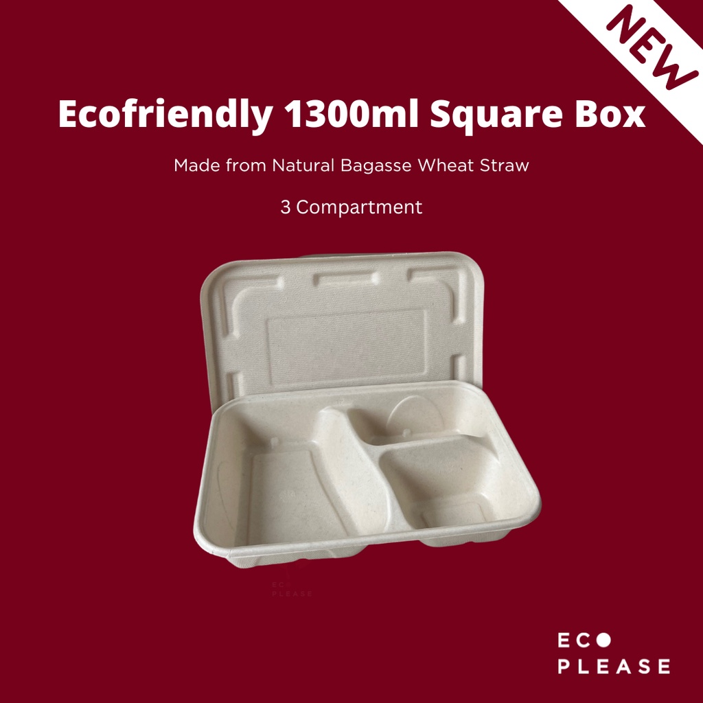 Jual 50pcs 1300ml 3 Compartment Bagasse Square Box Ecofriendly Takeaway ...