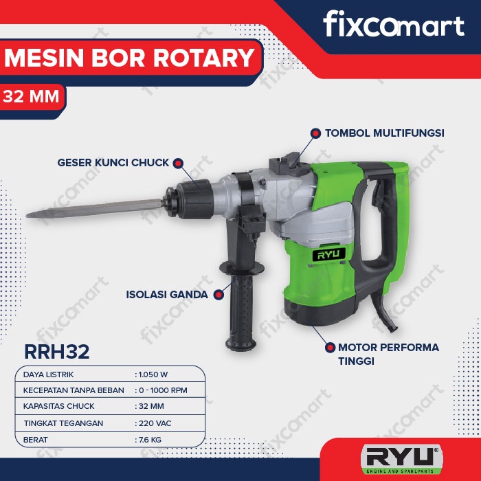 Jual Ryu Rrh 32 / Ryu Mesin Bor Rotary 32 Mm / Mesin Bor Bobok Beton 1050 W / Rotary Hammer ...