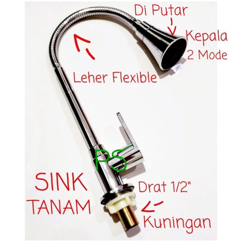 Jual Kran angsa tanam flexible kepala besar on/off - Keran dapur sink ...