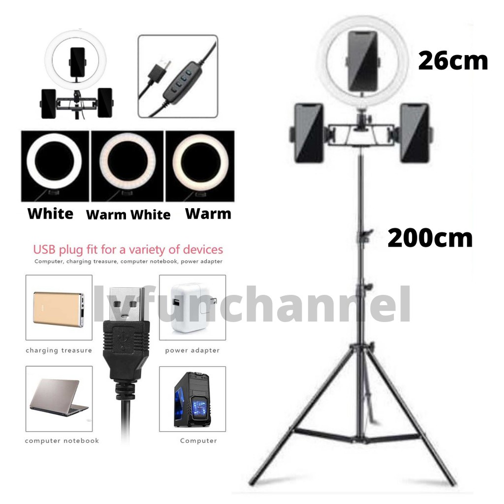 Jual RING LIGHT MURAH LED 26CM 3 HOLDER HP + TRIPOD 200CM DIMMABLE MUA TIKTOK VLOG SELFIE STUDIO ...