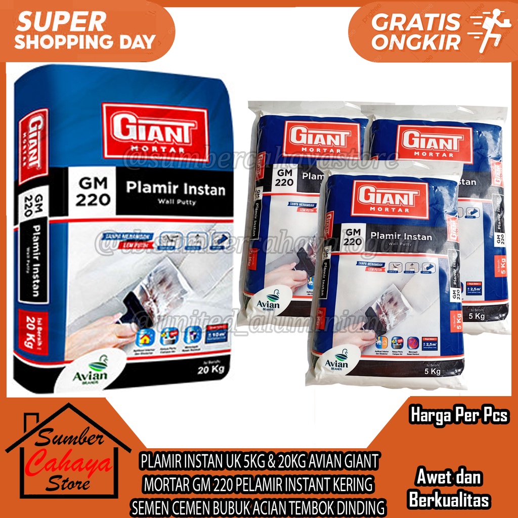 Jual PLAMIR INSTAN UK 5KG & 20KG AVIAN GIANT MORTAR GM 220 PELAMIR ...