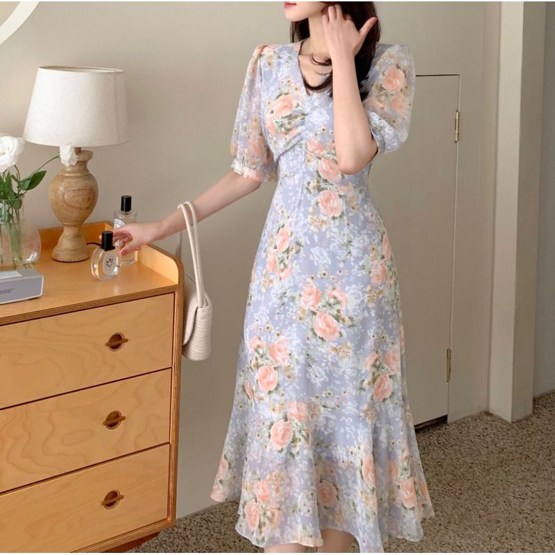 Jual TC0739 Michele Korean Style floral Vintage pastel mptif bunga Midi ...