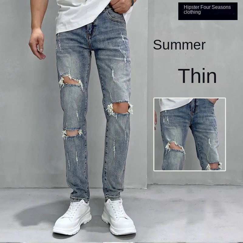 Jual Gaya Baru Celana Jeans Robek Pria Musim Panas Slim Fit Kaki Gaya ...