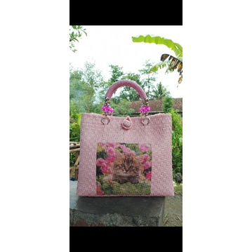 Jual tas anyaman Handle mutiara+deco jumbo | Shopee Indonesia
