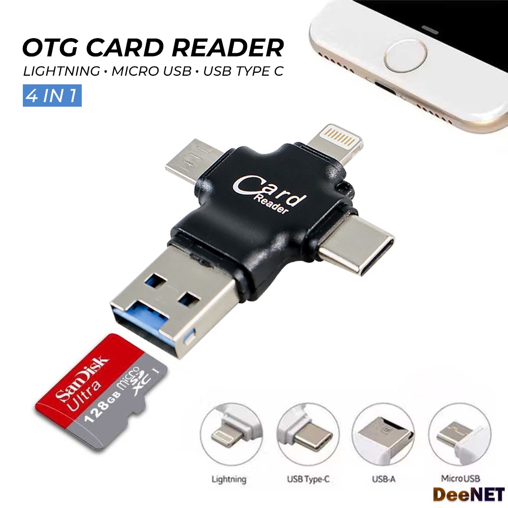 Jual OTG Card Reader 4 in 1 Lightning + Micro USB + USB Type C | Shopee ...