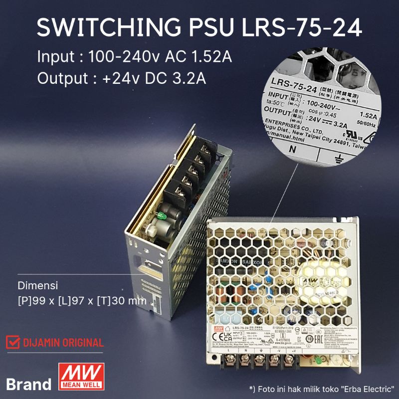 Jual Mean Well DC 24v 3.2A LRS-75-24 Switching Power Supply SMPS Switch ...