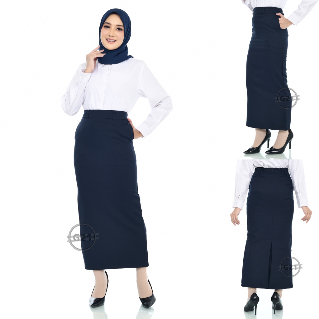 Jual Rok Kerja Panjang Hitam Polos Model A line dan Span Pinggang Karet ...