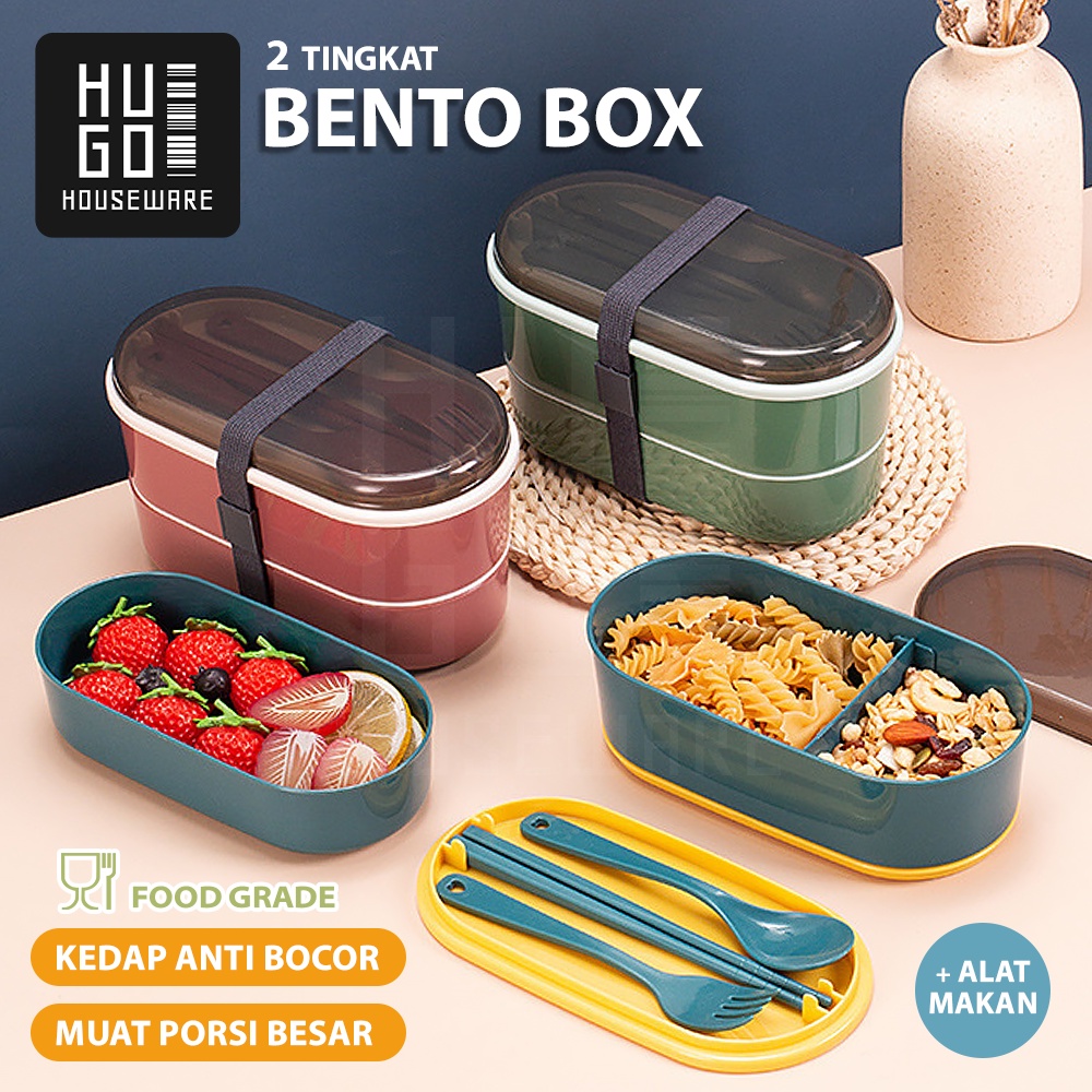 Jual HUGO Kotak Bekal Makan Siang Lunchbox 2 Layer 700 ml Free Alat Makan Tempat Makan Set ...