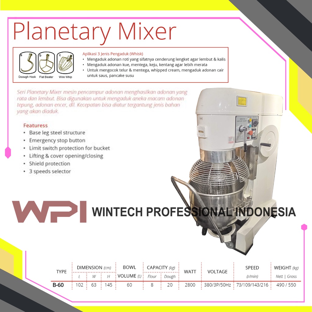 Jual Getra B-60 Planetary Mixer 60 Liter / Mixer Roti & Kue Dengan 3 ...