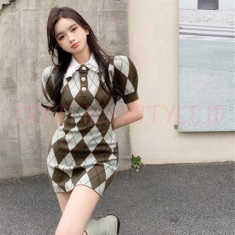 Jual *IMPORT* Mini Dress / Gaun / Terusan Korea Kerah Wajik Pattern ...