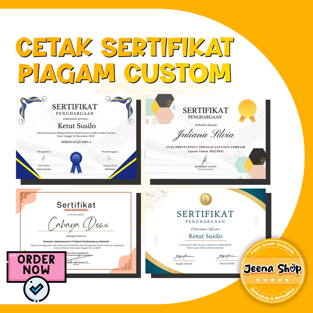 Jual Cetak Sertifikat/Piagam Penghargaan Ukuran A4 Anti Luntur ...