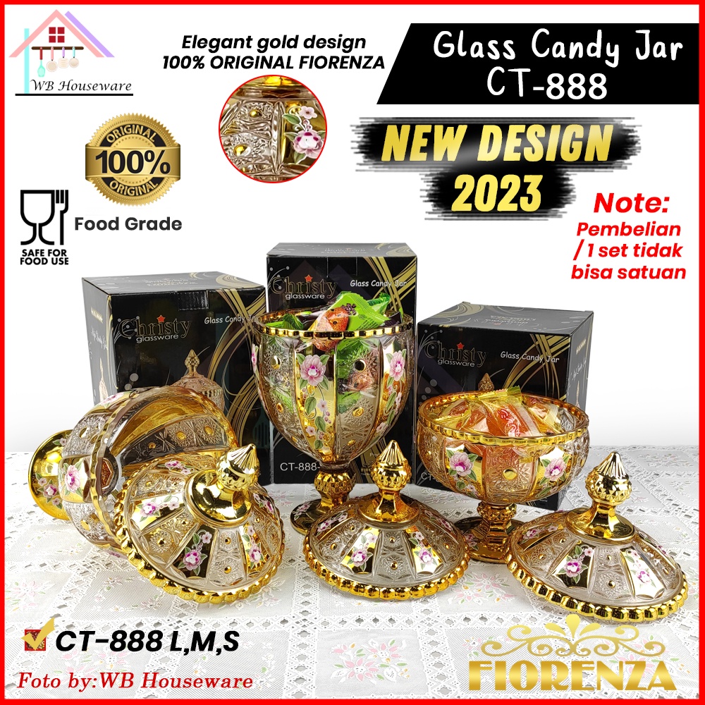 Jual FIORENZA toples kaca set 3 tempat permen snack motif gold crystal ...