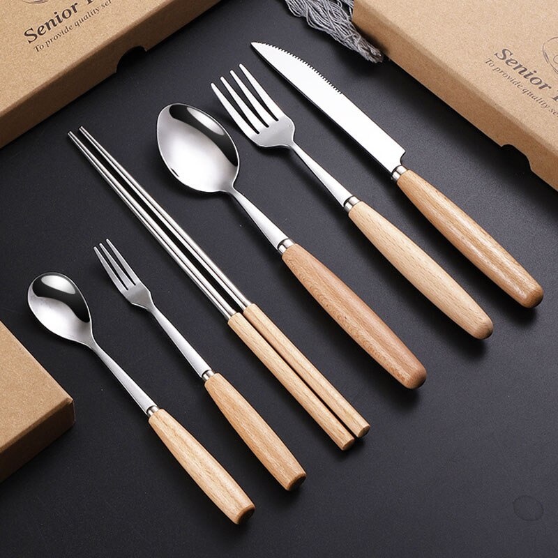 Jual Set Perlengkapan Makan Sendok Garpu Pisau Sumpit Gagang Kayu Wooden Handle | Shopee Indonesia
