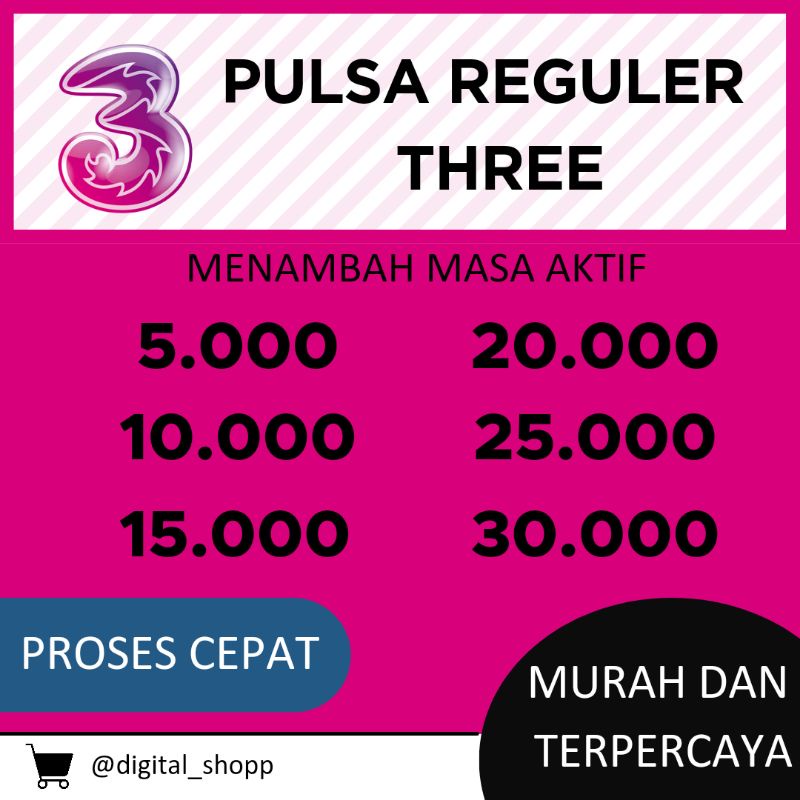 Jual Promo! Pulsa Tri 3 Three Murah Nominal 5k 10k 20k 25k 30k | Shopee ...