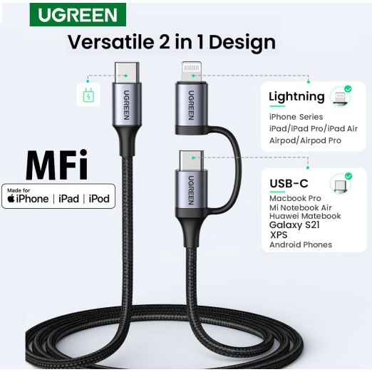 Jual Ugreen Kabel MFi PD 2in1 Type C to Type C to Lightning PD 60W 100W Fast Charger | Shopee ...