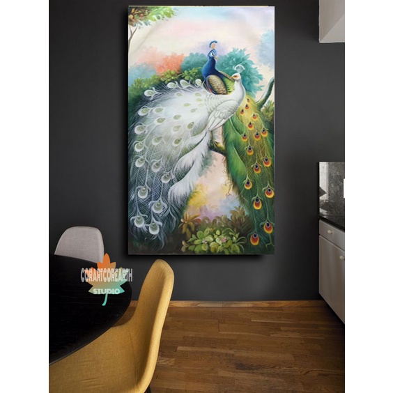 Jual Lukisan dinding kanvas merak putih dan merak biru modern simple ...