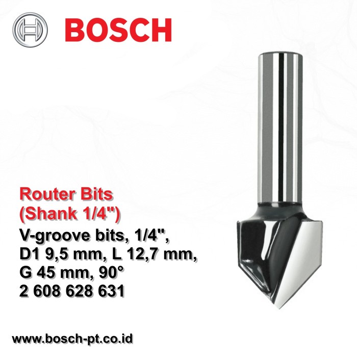 Jual Mata Router / V-groove Bits Bosch 1/4"; D1 9,5mm; L 12,7mm; G 45mm ...