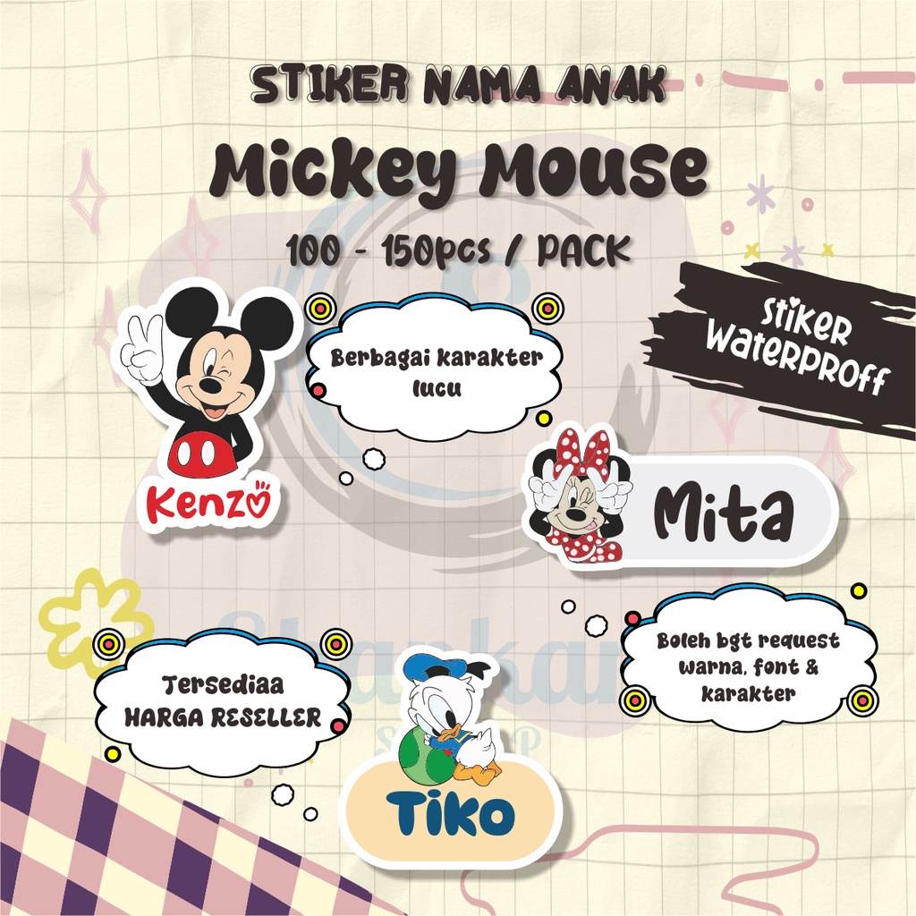 Jual ( 100-150pcs) Stiker Nama TEMA MICKEY MOUSE / Stiker Nama Custom ...