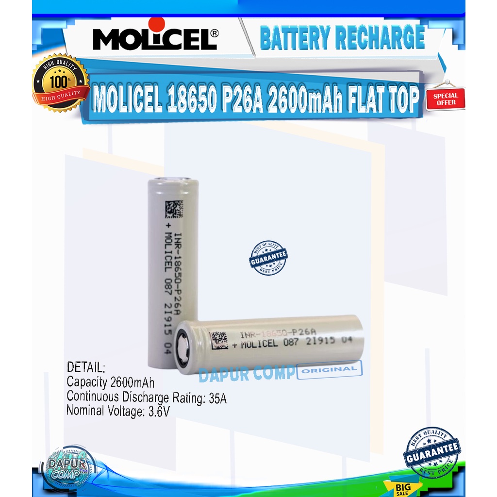 Jual MOLICEL P26A 18650 2600mAh 35A ORIGINAL MOLICEL BATTERY | Shopee ...