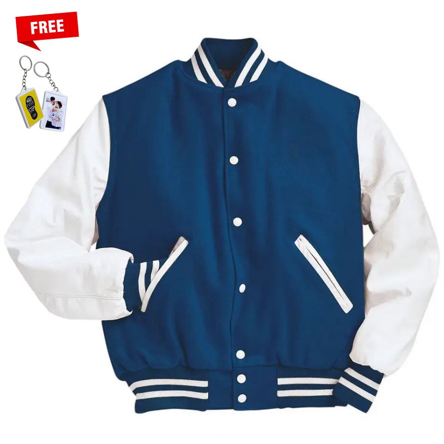 Jual Jaket Varsity Biru Strip Putih Polos Free Gantungan Kunci | Shopee ...