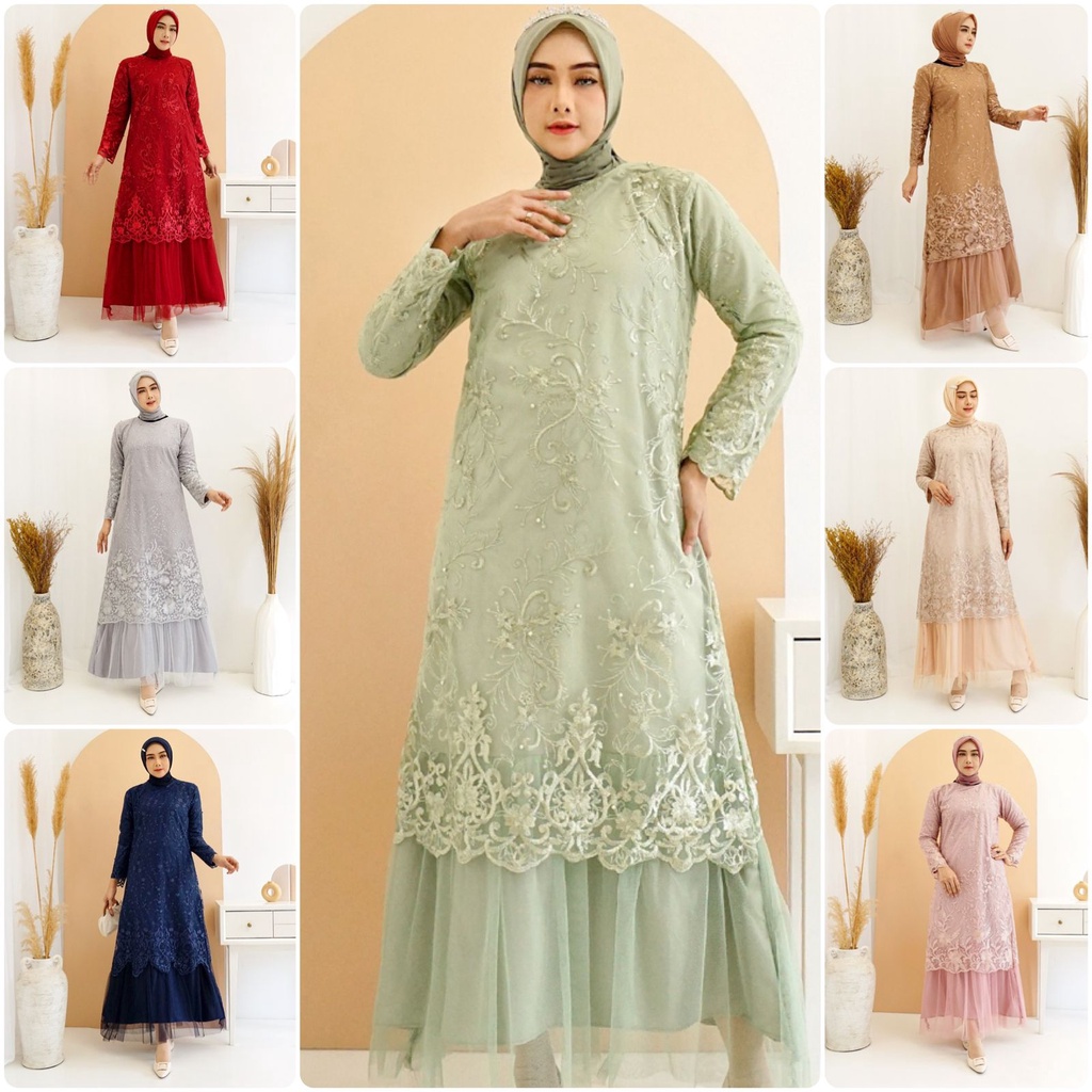 Jual (Full Tile Brukat) Gamis Arini Full Tile Bordir Mutiara Glitter Brukat Tulle Brokat Maxi ...