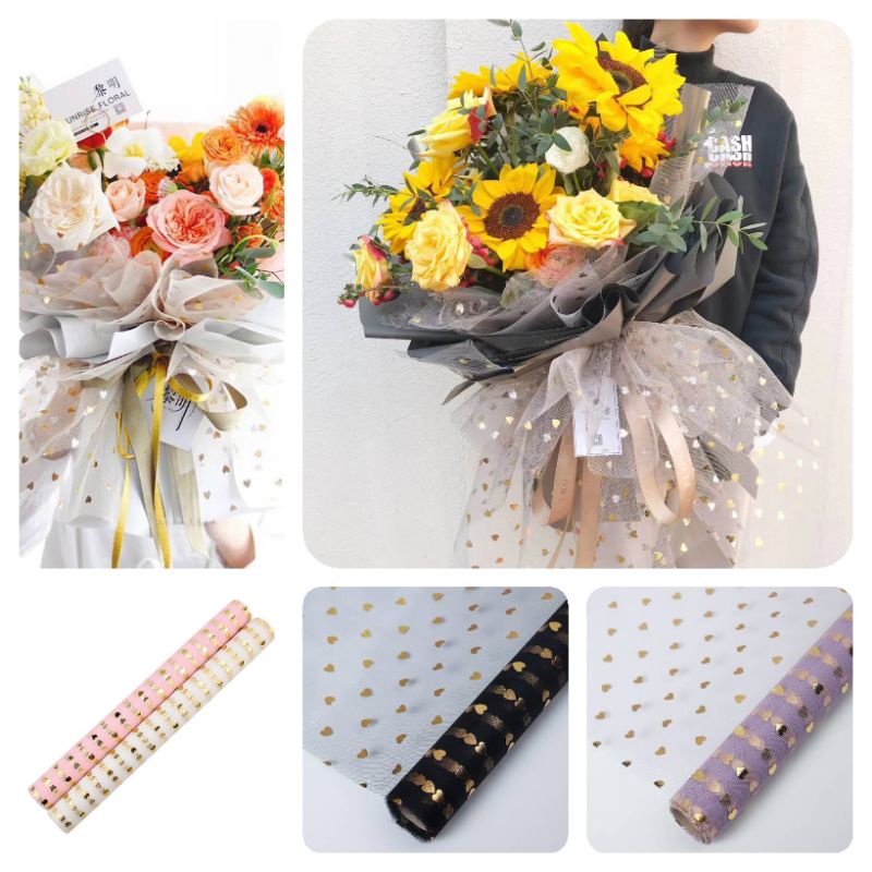 Jual Kertas Jaring Buket Bunga Love Golden Heart Tile Flower Mesh Roll ...