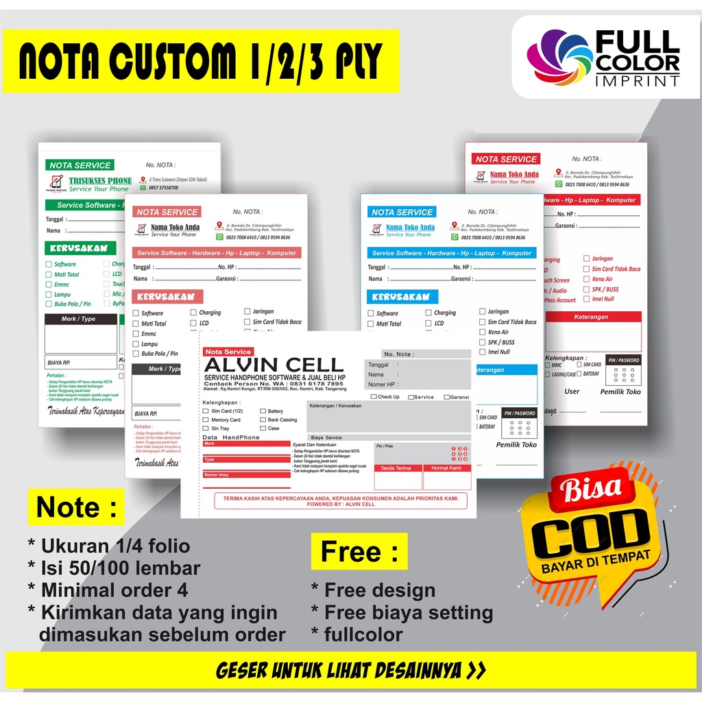 Jual Nota, Nota service HP, Nota Bon service HP, Buku Nota Service HP ...