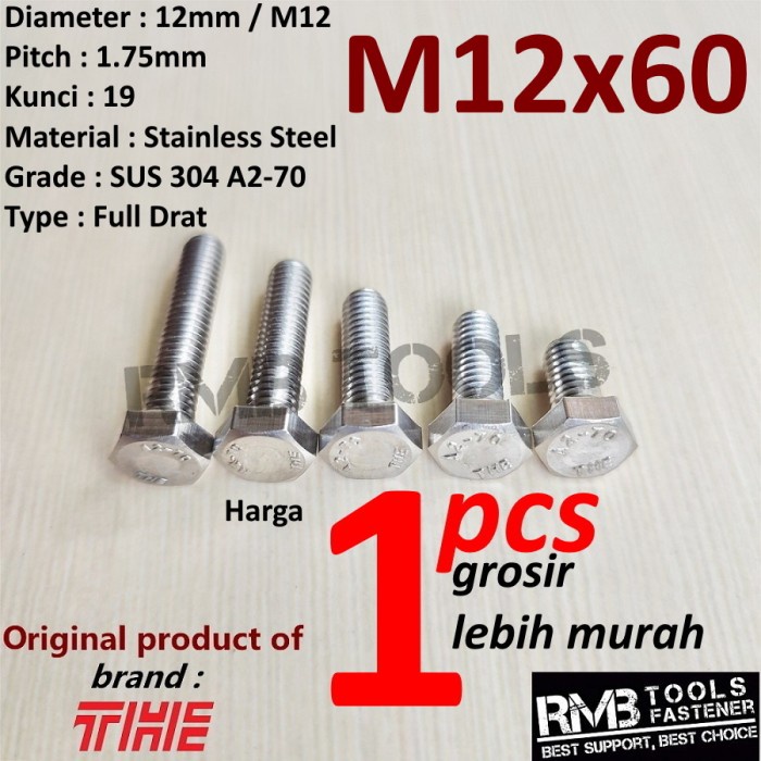 Jual M12x60 Baut Hex Stainless SUS 304 A2-70 Drat 1.75 Kunci 19 M12 | Shopee Indonesia