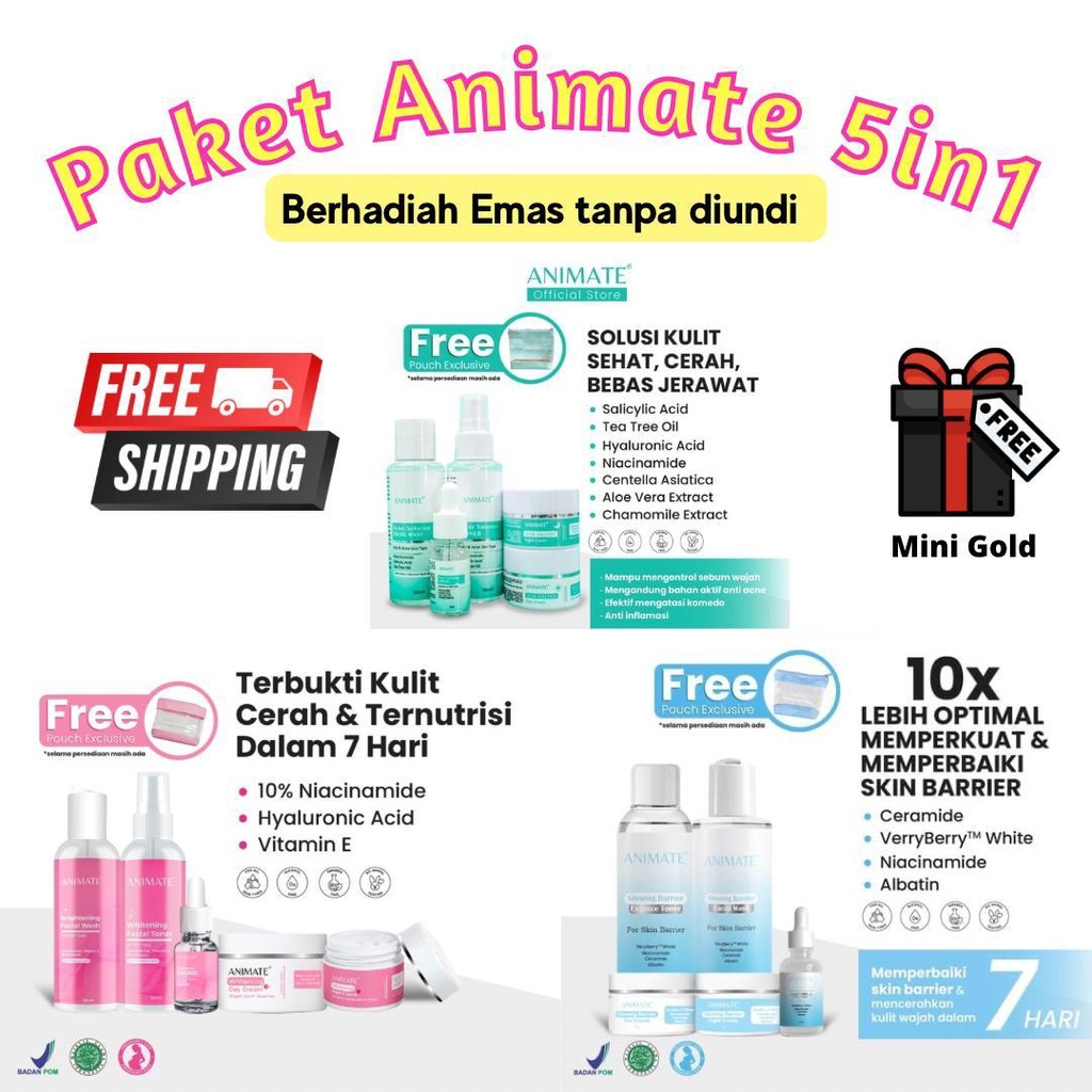 Jual Animate Instant Whitening Glowing Barrier Acne Series 5In1 / Cream ...