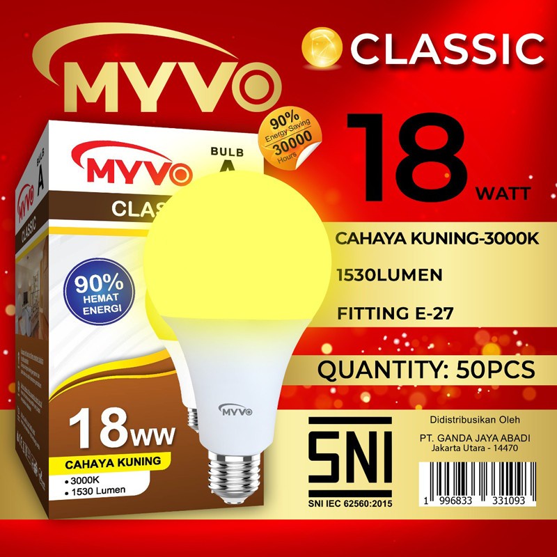 Jual MYVO CLASSIC LAMPU LED BULB 18W CAHAYA KUNING WARM WHITE 3000K BERGARANSI 1 TAHUN | Shopee ...