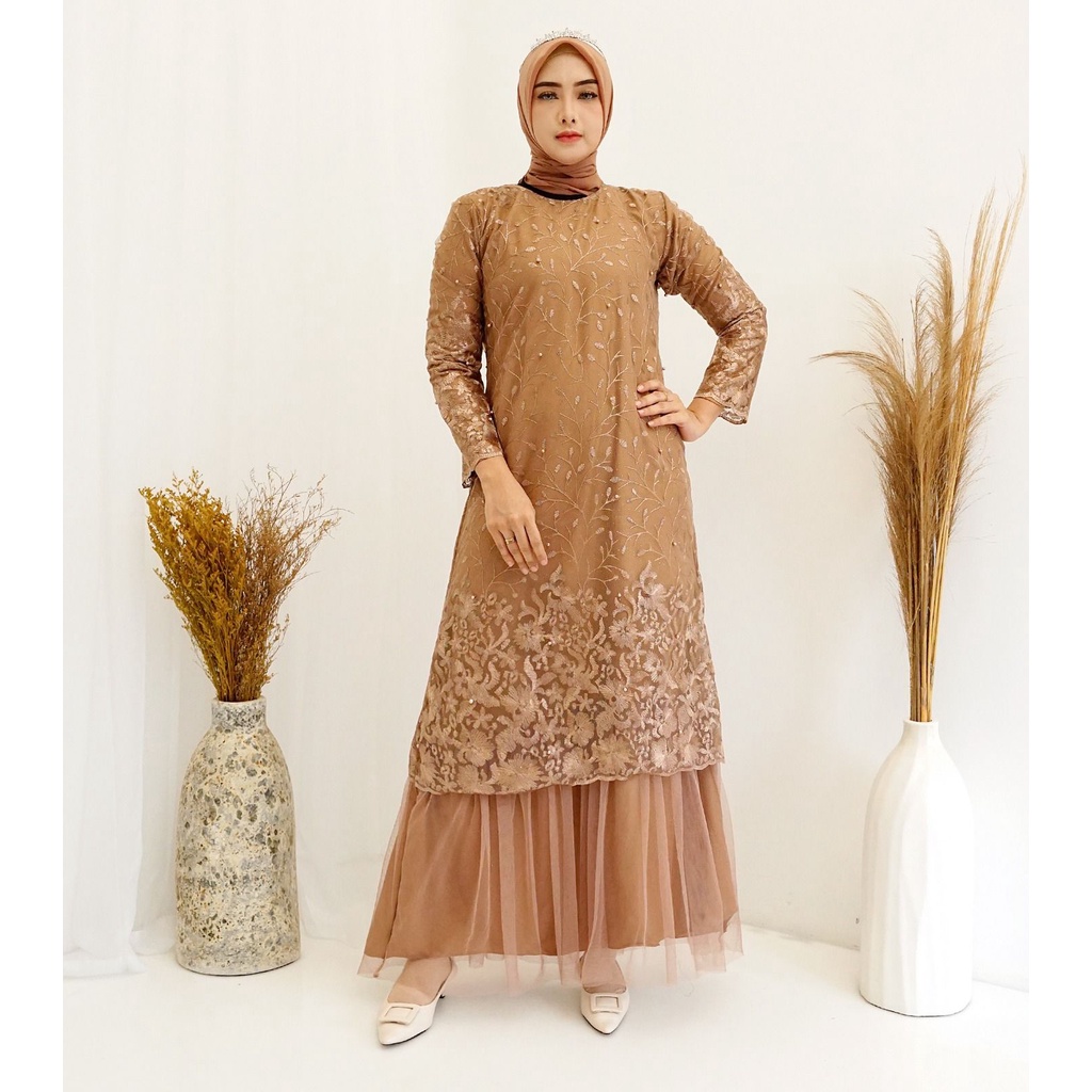 Jual (Full Tile Brukat) Gamis Arini Full Tile Bordir Mutiara Glitter Brukat Tulle Brokat Maxi ...