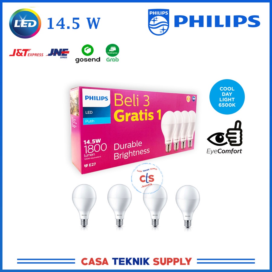 Jual PHILIPS LAMPU PAKET 3 gratis 1 14,5 WATT 14,5 W MULTIPACK LED BULB ...