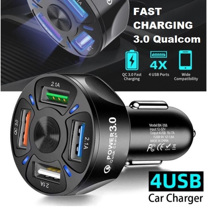 Jual Car Charger 4 PORT fast quick charging mobil usb 4in1 slot qc 3.0 ...