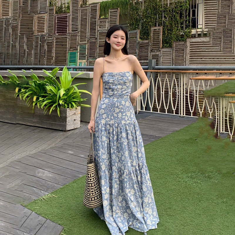 Jual Biru floral backless gaun suspender one-shoulder wanita musim ...