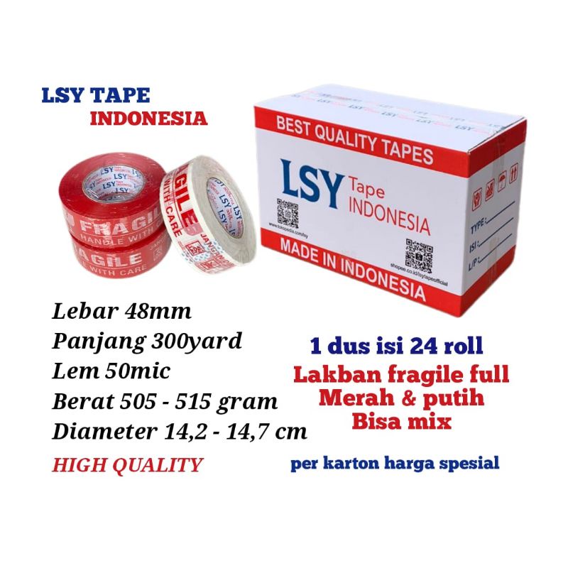 Jual lakban fragile full merah & putih 300yard 1 dus isi 24 roll LSY ...