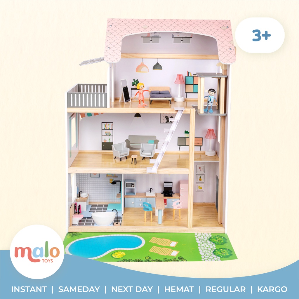 Jual MALOTOYS - Three Story Doll House Wooden Villa Play House Rumah ...