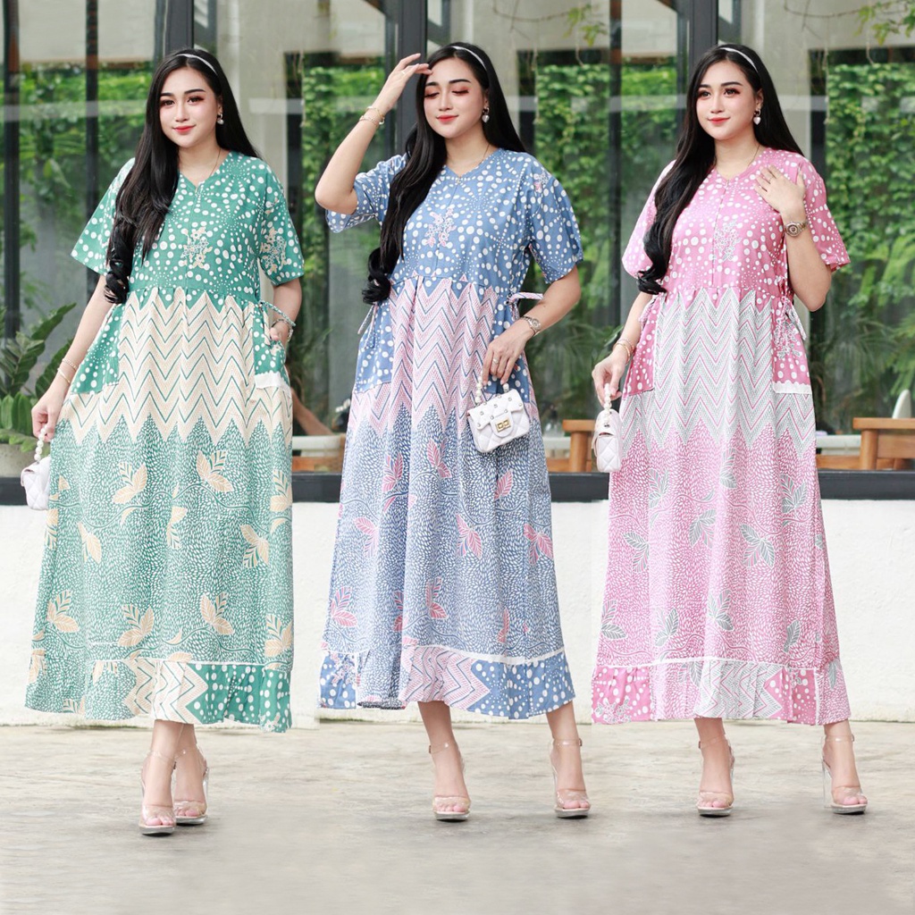 Jual Home midi dress Kombinasi Resleting Depan Busui Lengapn Pendek ...