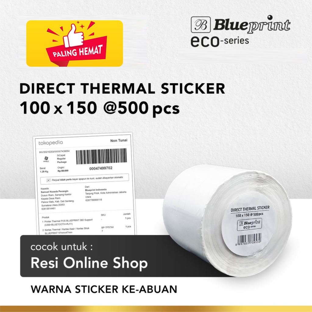 Jual Blueprint Eco Direct Thermal Sticker Label A6 100 x 150 mm isi 500 Stiker Online Shop Resi ...