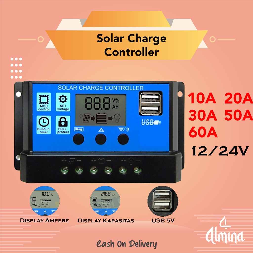 Jual Solar Charge Controller LCD LED Display Solar PWM 12V/24V 10A 20A 30A 50A 60A USB Panel ...