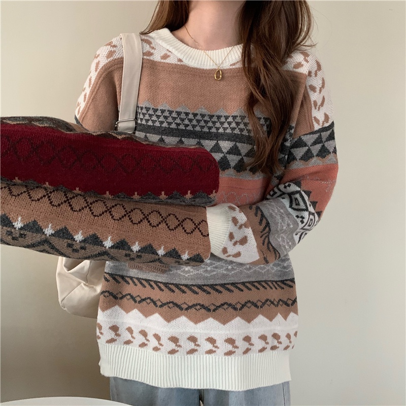 Jual Sweater Wanita Gaya Korea Longgar Rajutan Kerah Bulat Lengan Panjang Pullover Modis ...