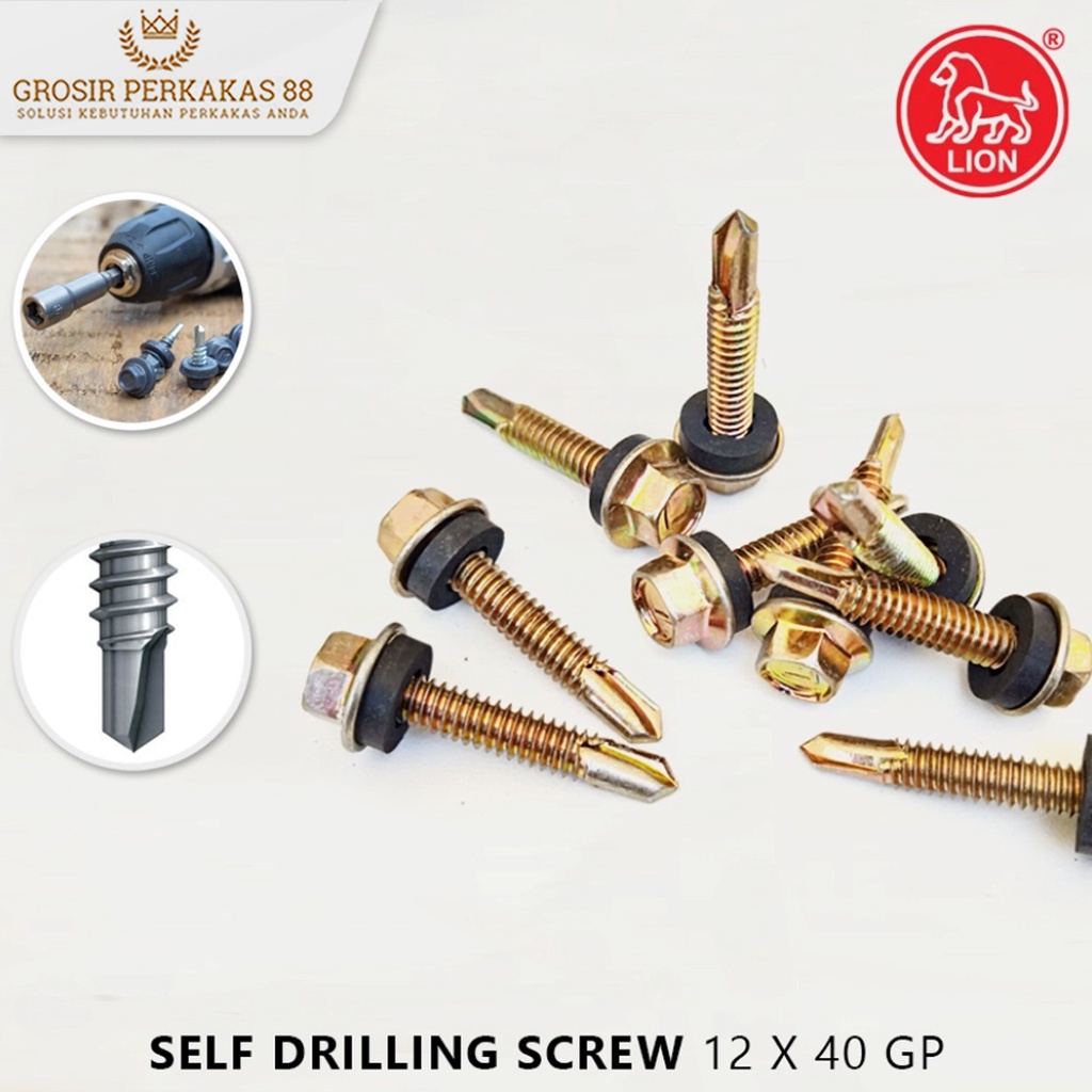 Jual Baut Baja Ringan Sekrup Lion Kuning Roofing 12x40 Drilling Scrup ...