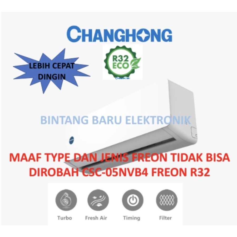 Jual AC SPLIT CHANGHONG 1/2 PK STANDART R410a CSC-05NVB TURBO COOLING ...