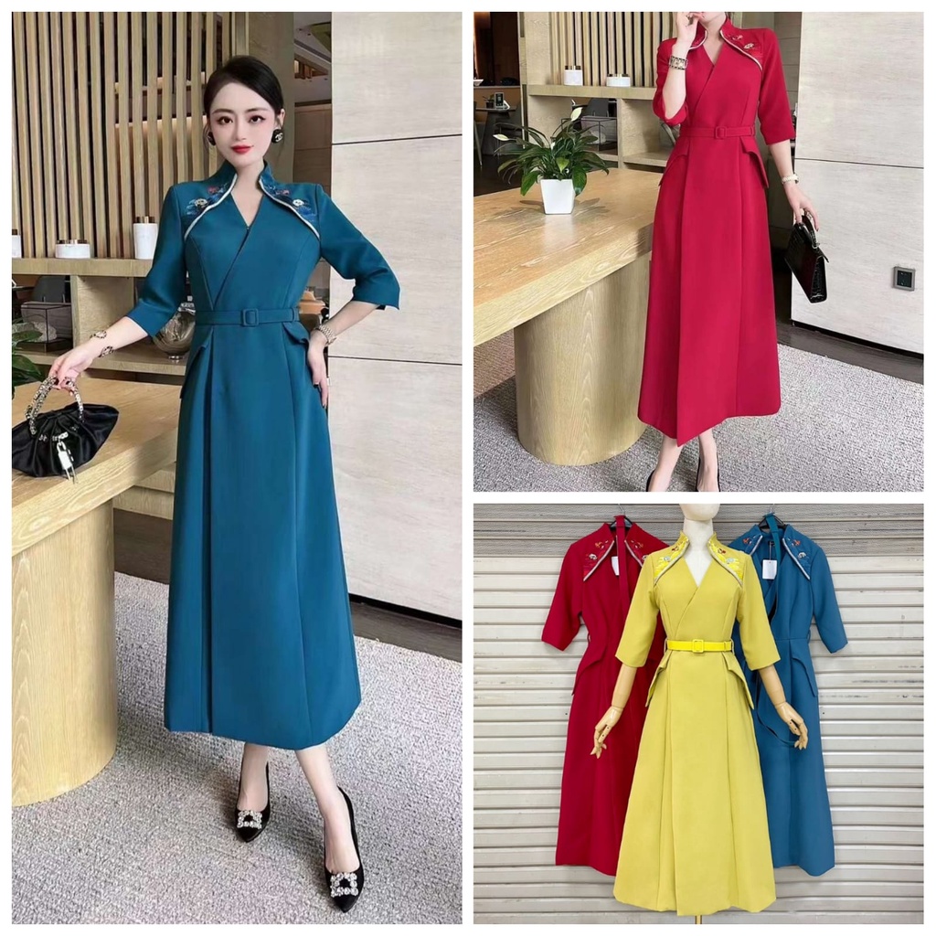 Jual Coat Dress tosca merah kuning - midi dress kerja kantor premium ...
