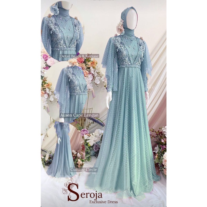Jual ELVA 4 - Dress Seroja maxi dress gamis pesta kondangan kombi brukat 3D dan tile dot ...