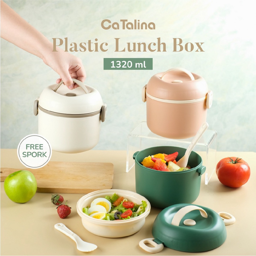 Jual CATALINA - PLASTIC LUNCHBOX / KOTAK BEKAL MAKAN SIANG BULAT RANTANG 2 SUSUN AESTHETIC ...