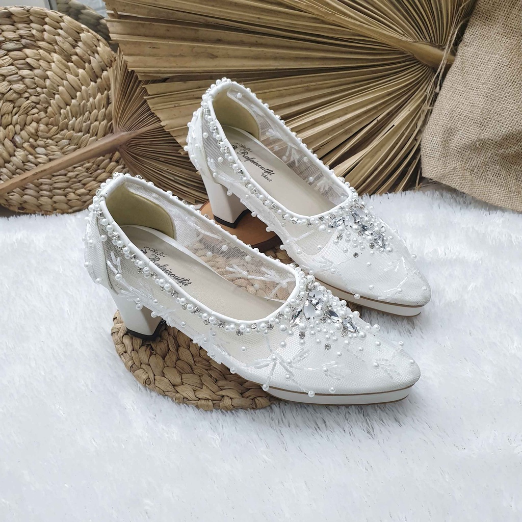 Jual Sepatu wedding pesta Cantik April putih 7cm tahu | Shopee Indonesia