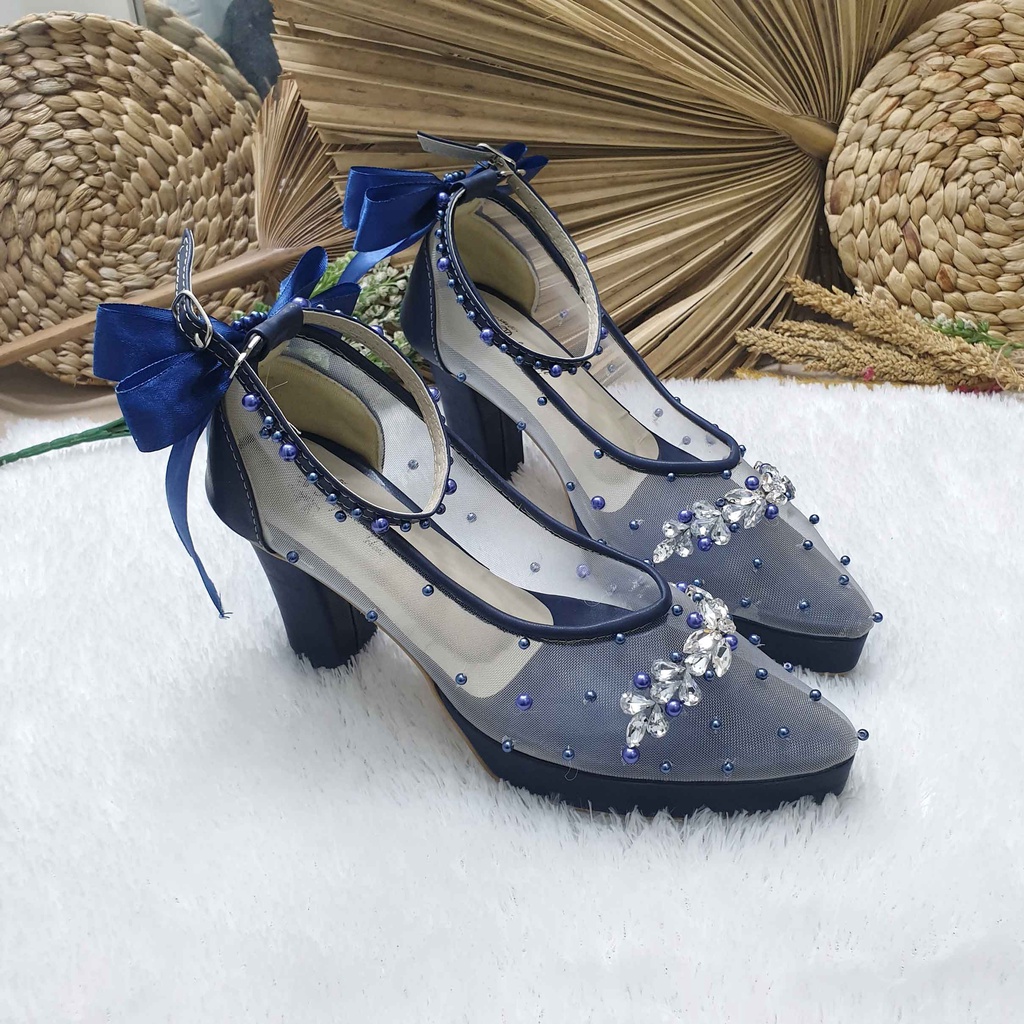 Jual Sepatu pesta wedding pesta cantik v merrisa navy 7cm tahu | Shopee ...